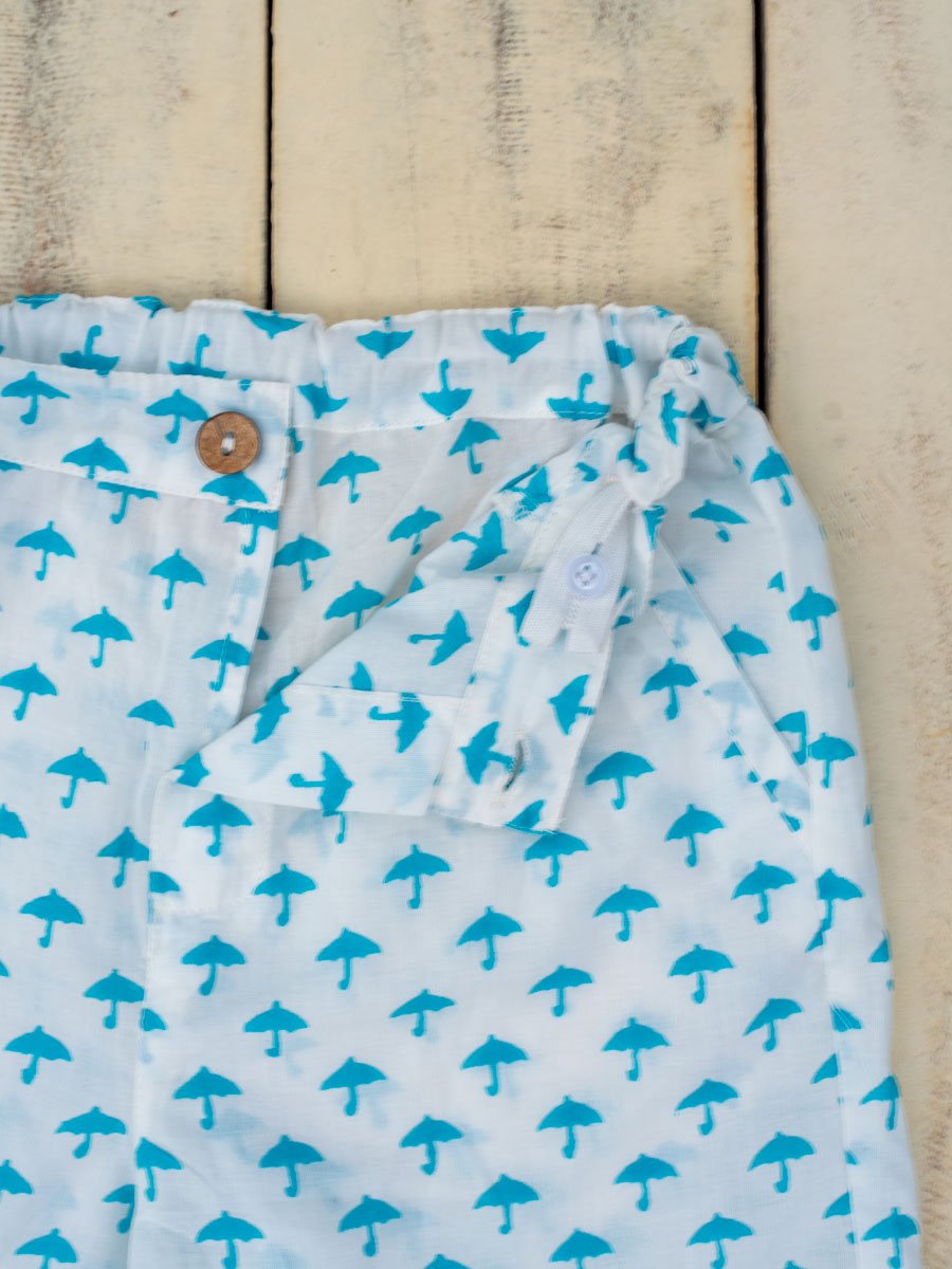Turquoise Umbrella Block Printed Cotton Shorts | Pinklay